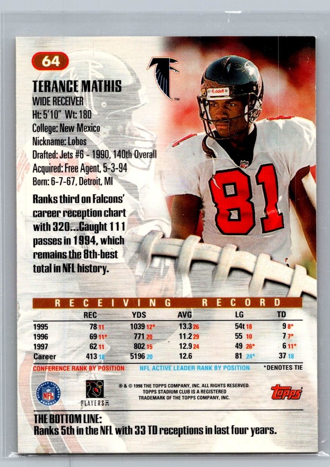 1998 TOPPS STADIUM CLUB CARD # 64 Terance Mathis - Atlanta Falcons | eBay