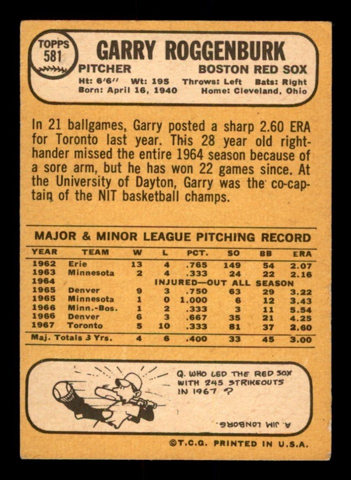 1968 Topps Baseball #581 Garry Roggenburk GD | eBay