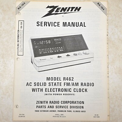 Zenith R462 AC Solid State Fm Am Radio & Electronic Clock Service Manual | eBay