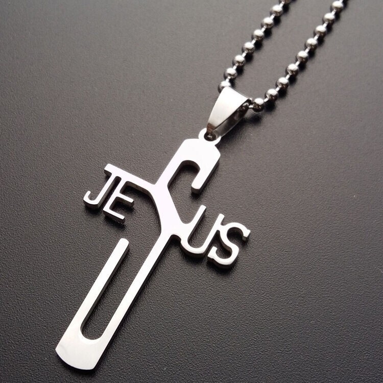Jesus Name Cross Pendant Necklace Womens Mens Stainless Steel Christian ...