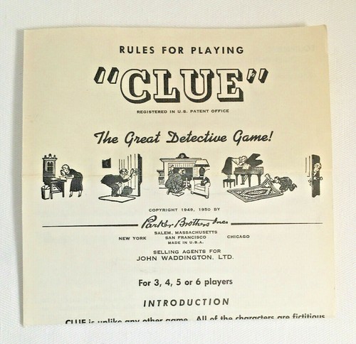 Vintage CLUE Board Game Rules For Playing 1950 Replacement Instructions ...