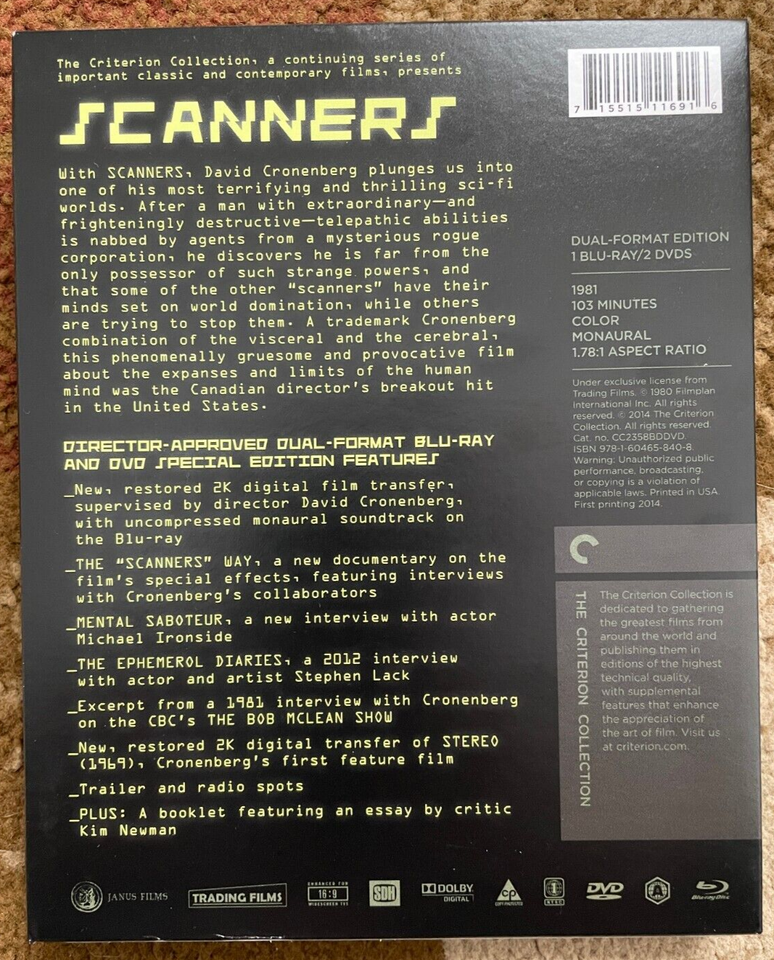 Scanners (Blu-ray/DVD, 2014, 3-Disc Set) Criterion Collection - 1st ...
