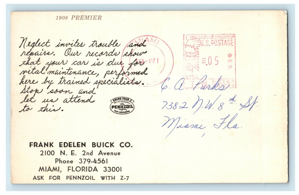 1909 Premier Car Frank Edelen Buick Co. Miami FL Advertising Pennzoil ...