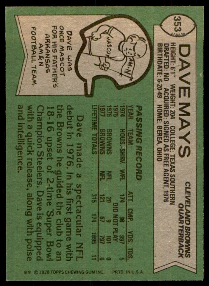 1978 Topps Dave Mays Rookie b Cleveland Browns #353 | eBay