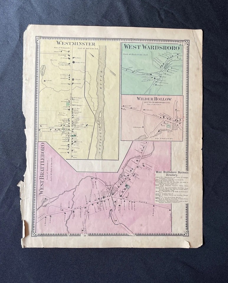 1869 Antique Map of Westminster Vermont by FW Beers West Brattleboro ...