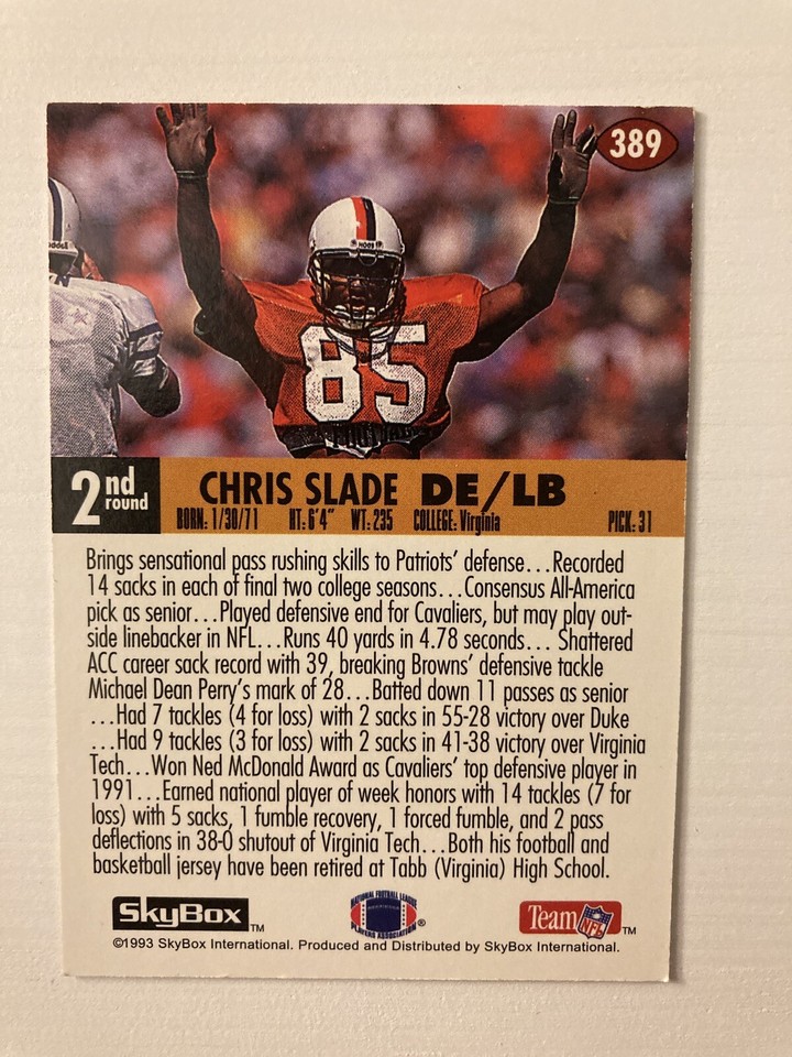 Chris Slade RC 1993 Skybox Impact Football #389 NFL New England ...