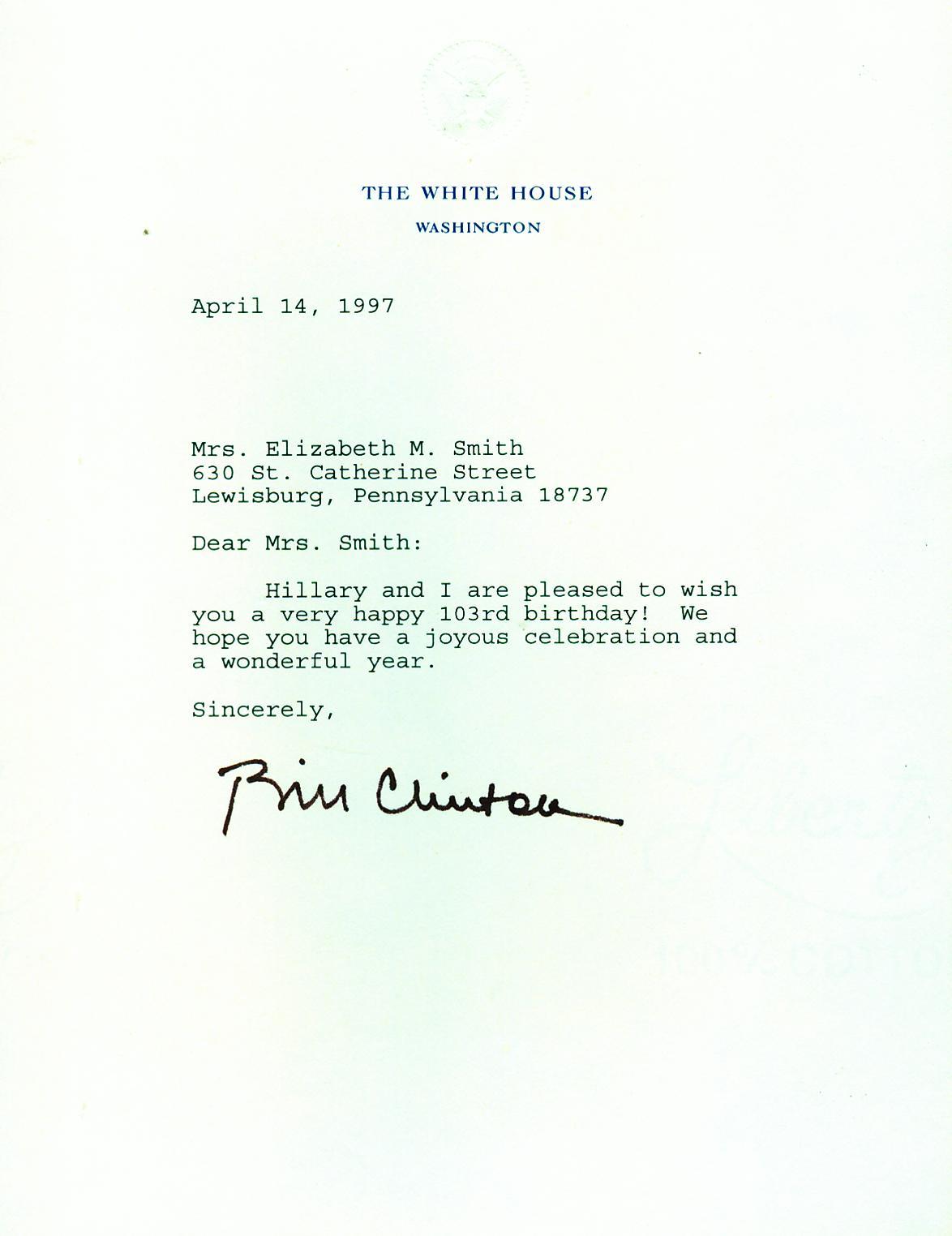 Correspondence The White House Pres Bill & Hillary Clinton Birthday ...