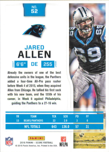 2016 Score #52 Jared Allen Carolina Panthers NFL Football Card NM-MT | eBay