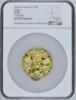 NGC PF70 Chad 2022 Triple Dragons Playing with Beads Gilt 3oz Silver ...