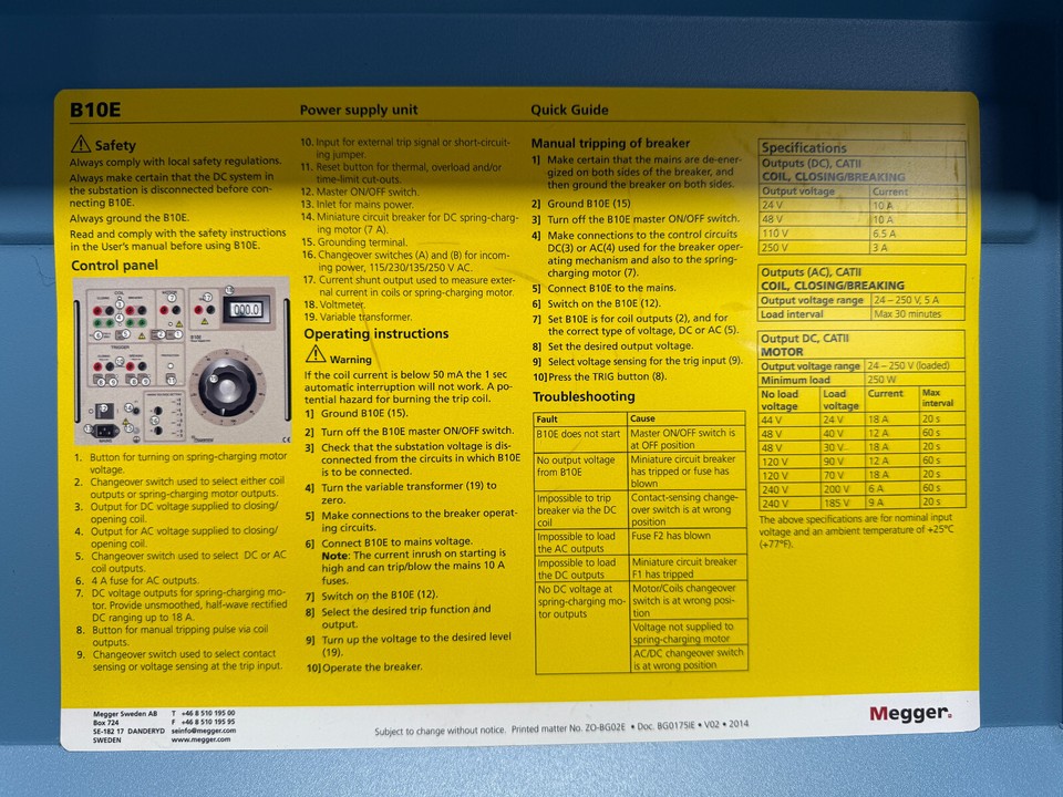 Megger Programma B10E Breaker Power Supply Variable 24 to 250 V AC or ...