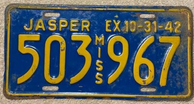 1942 Jasper County Mississippi License Plate 503-967 Vintage Antique ...