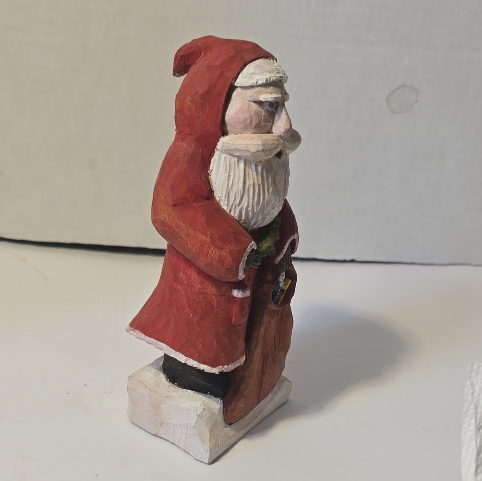 Hand Carved primitive Folk Art Santa Figure Red Coat Wood Carving | eBay