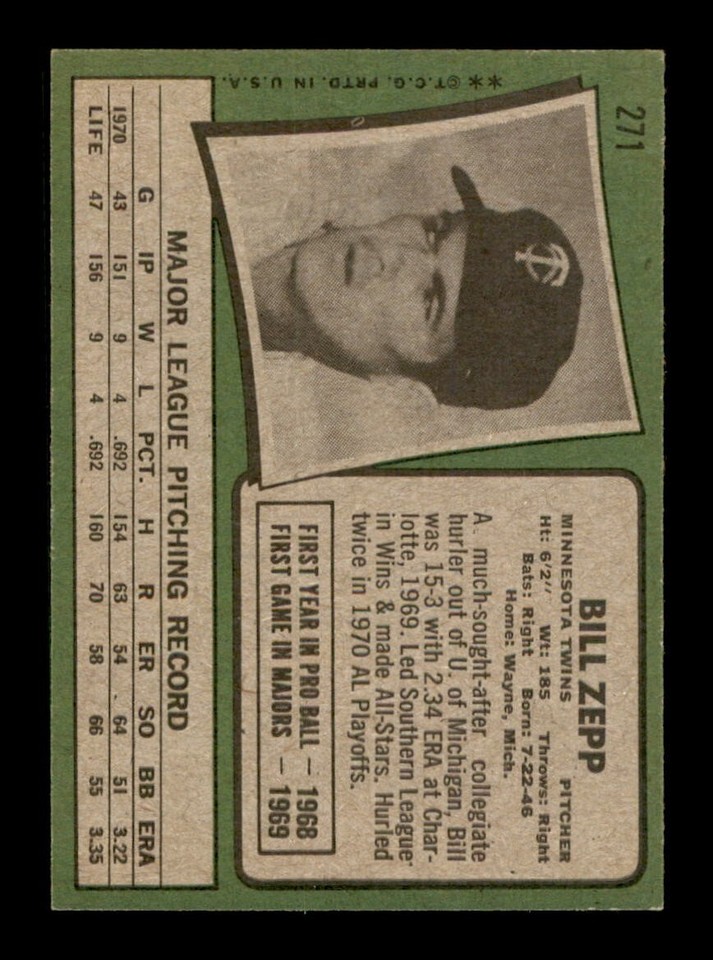 1971 Topps Baseball #271 Bill Zepp EX/MT *d2 | eBay