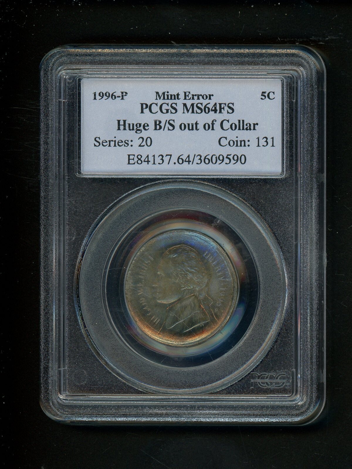 1996-P Jefferson Nickel 5c Mint ERROR PCGS MS64FS Huge B/S Out of ...