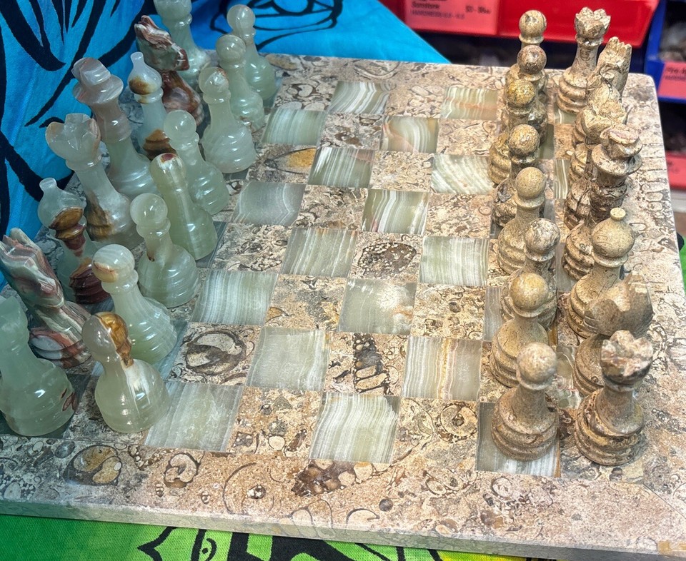 12 inch green onyx and fossil rock chess set | eBay