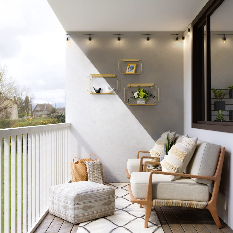 Rectangular Floating Shelves Wall Decor, Gold Metal Wire and Wood Wall ...