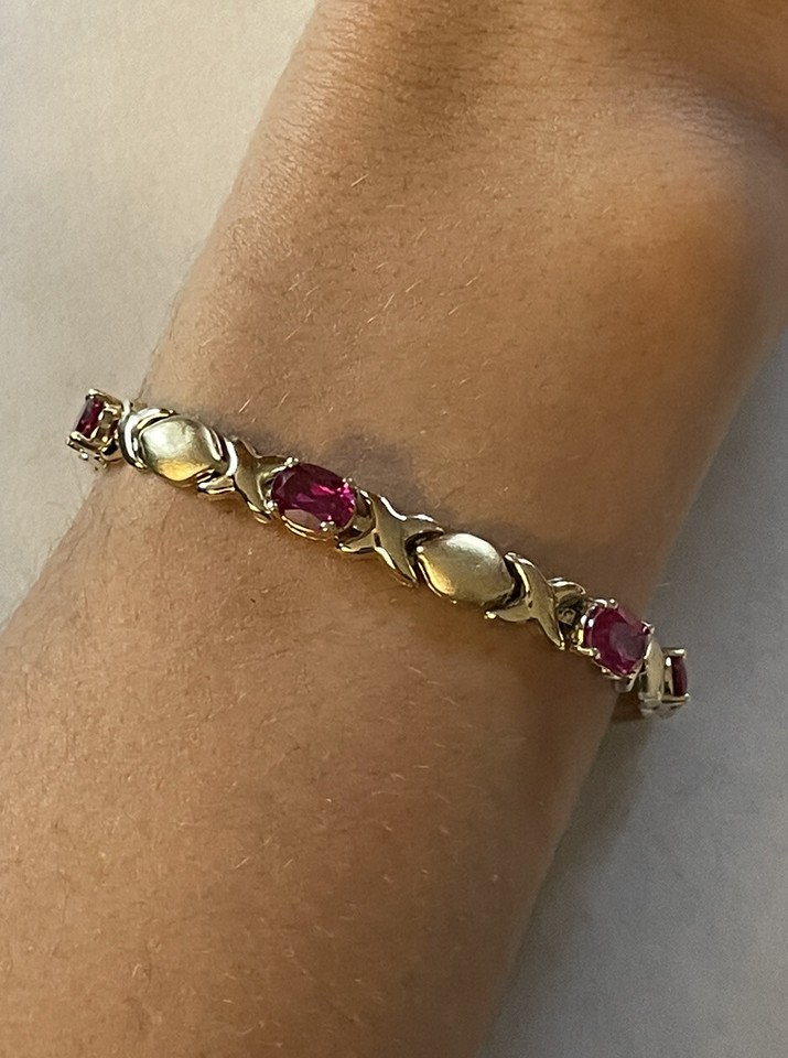 14k Yellow Gold Lab Ruby XO Bracelet 7” Long | eBay