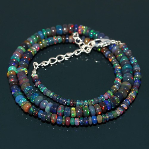 18"Natural Ethiopia Black Opal Gemstone Beads Necklace 925 Sterling ...