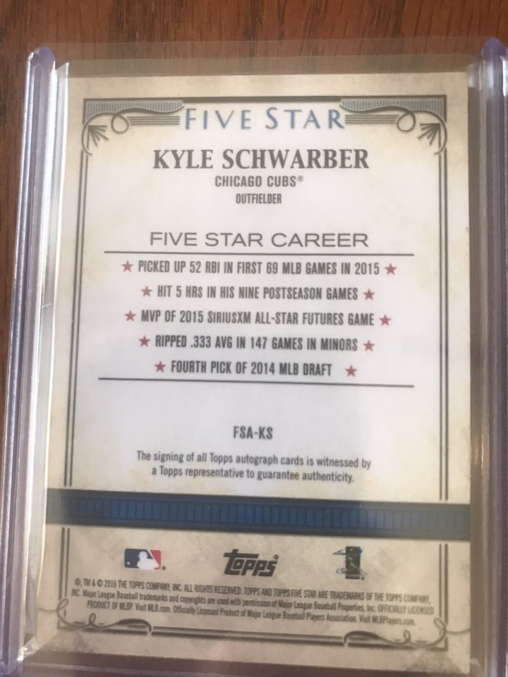 KYLE SCHWARBER🔥⚾ROOKIE ON-CARD AUTOGRAPH📈🌟💪2016 TOPPS FIVE STAR AUTO RC ...