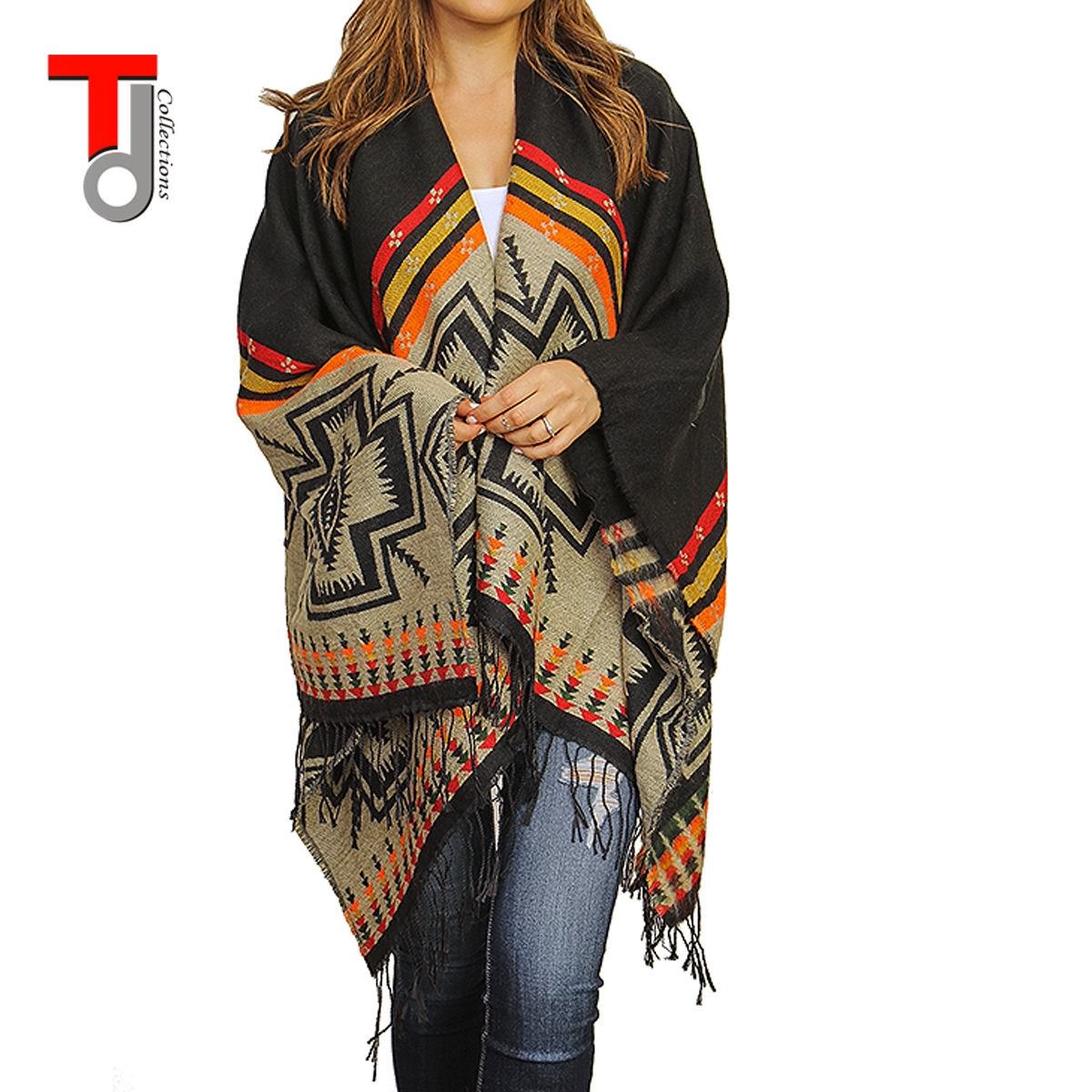 Winter Aztec Kimono New Print Fringed Colorful Oversize Poncho Blanket ...