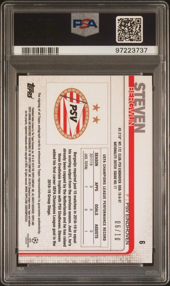 Steven Bergwijn 2018-19 Topps Chrome UEFA Auto Red Refractor /10 PSA 9 ...