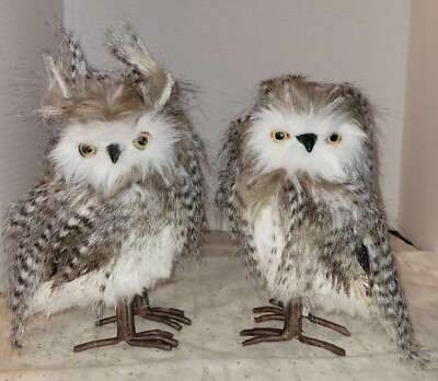 Real Life like Faux Fur Feathers Owl 9" White Gray Set of 2 | eBay