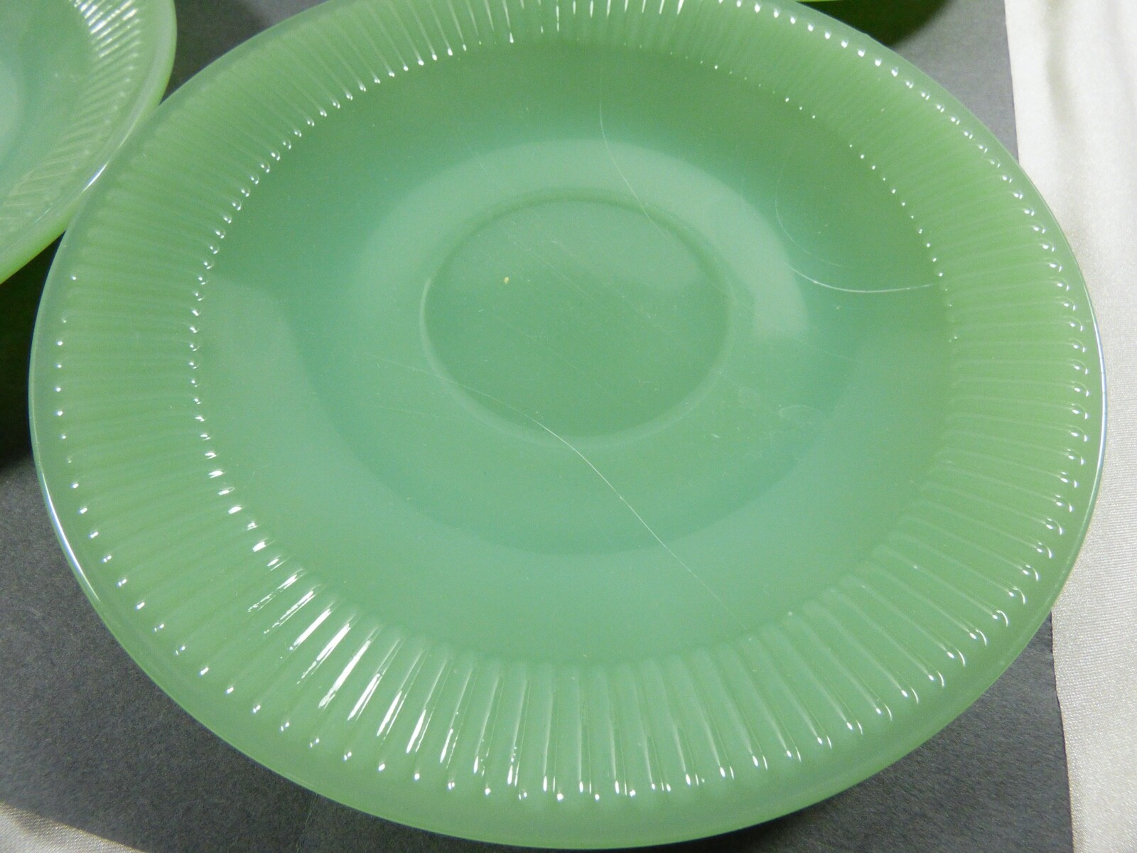 set of 4 Oven Ware Fire King Jadeite Jane Ray saucer green ribbed ...