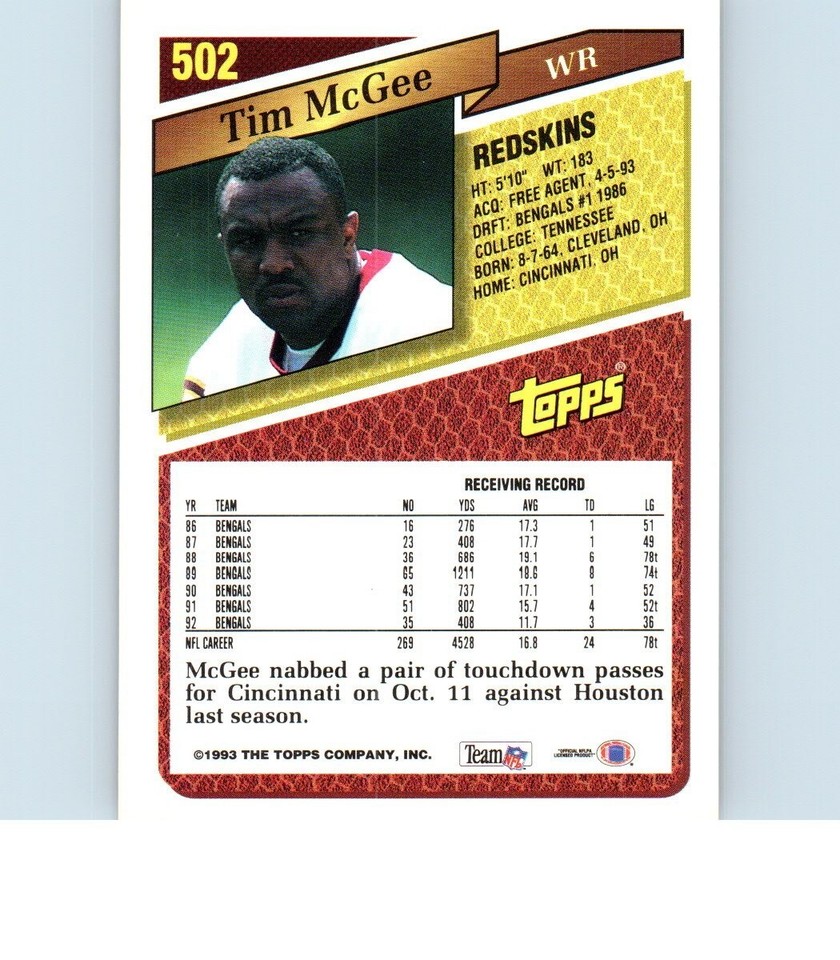 Tim McGee 502 Redskins 1993 Topps NFL Football Trading Card | eBay