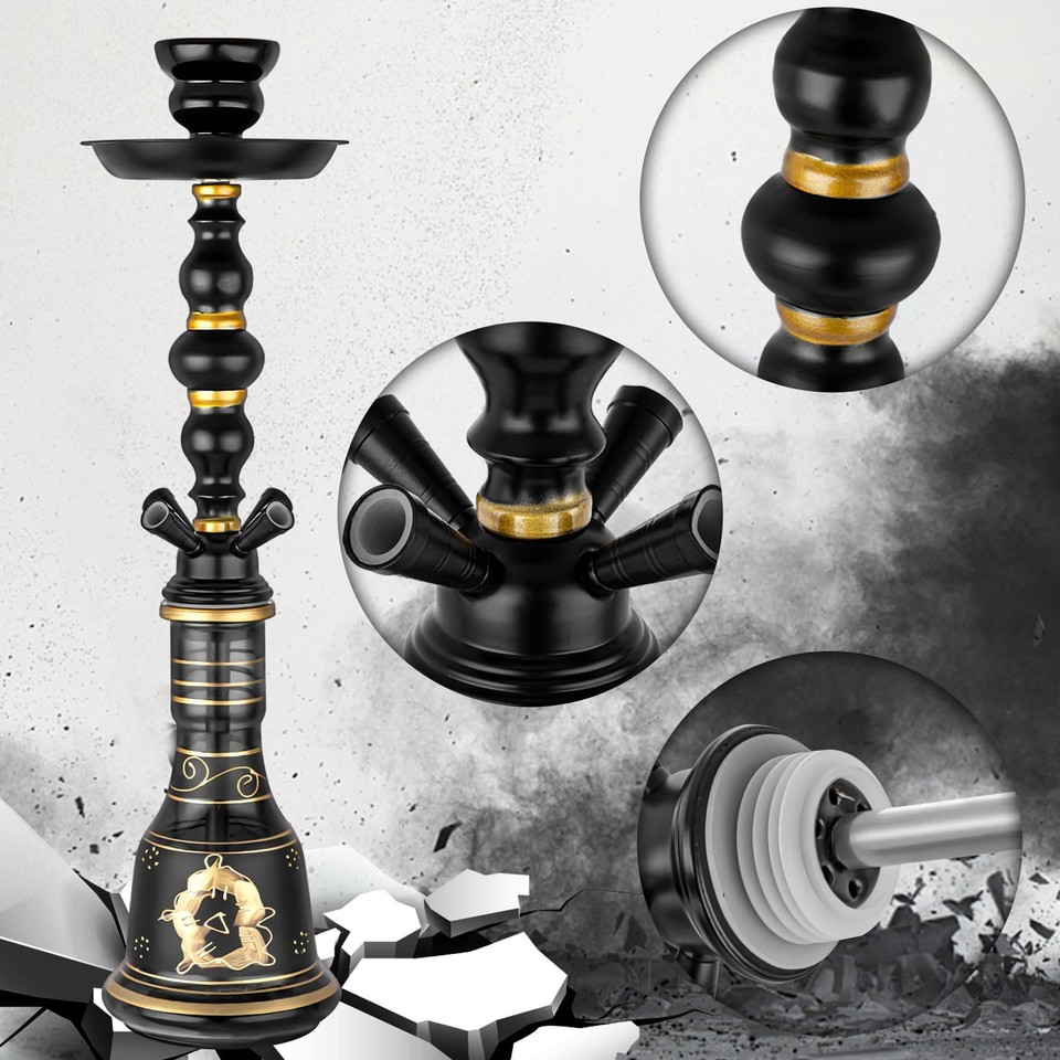 Hookah Set Complete 4 Hose Shisha with Glass Vase Ceramic Bowl Black ...