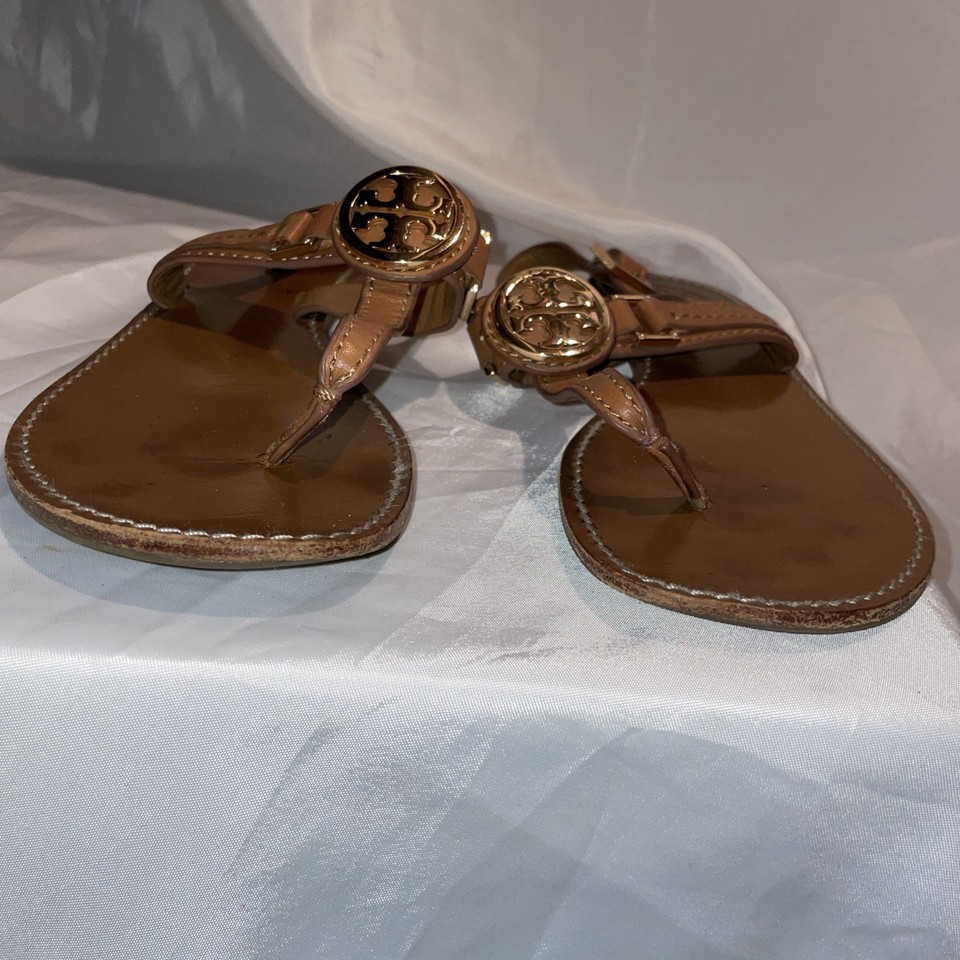TORY BURCH Ali Thong Sandals Size 8 Dark Tan Leather Slingback Strap | eBay