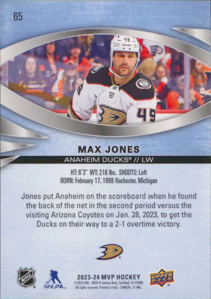 Max Jones 2023-24 Upper Deck MVP #65 NHL Ducks ID:79152 | eBay