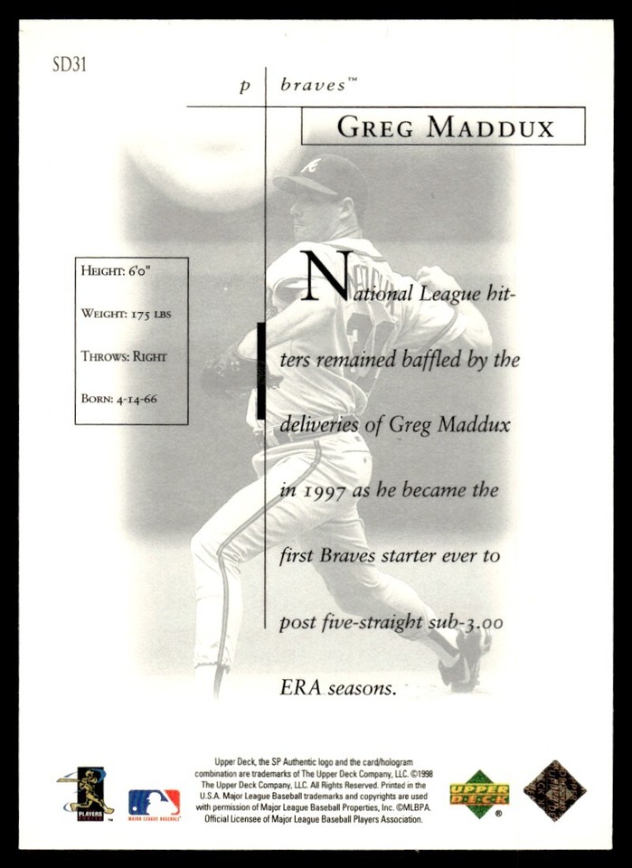1998 SP Authentic Sheer Dominance Greg Maddux Atlanta Braves #SD31 | eBay