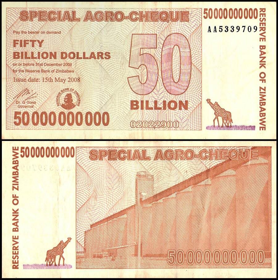 Zimbabwe 50 Billion Dollars Special Agro Cheque, 2008, P-63, Damaged X ...