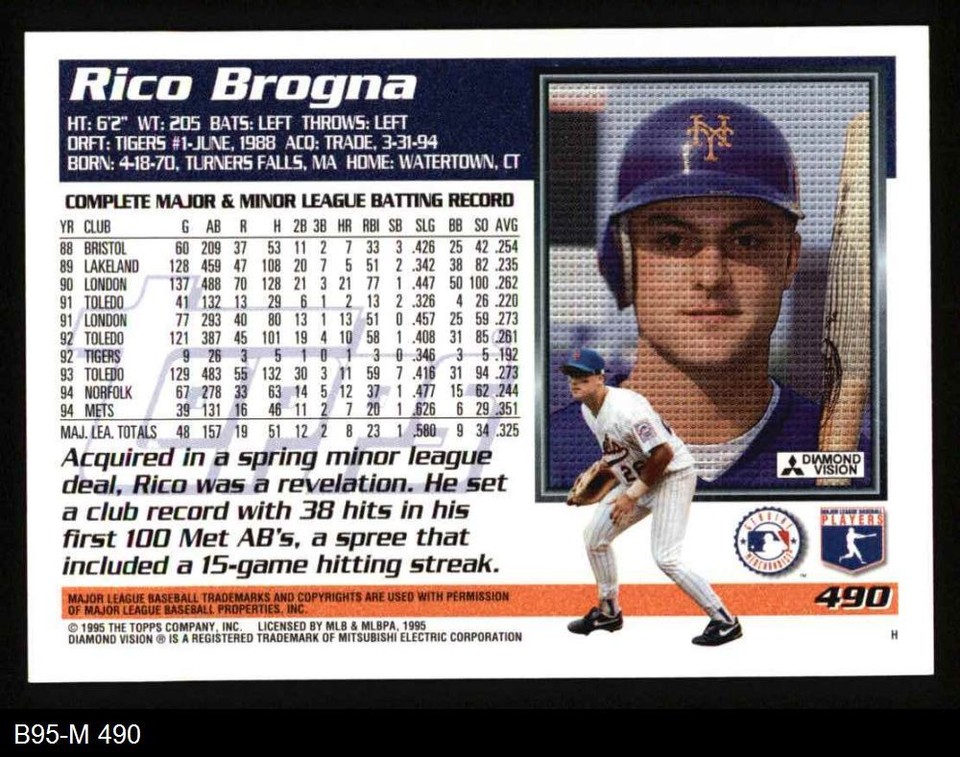 1995 Topps #490 Rico Brogna Mets 8 - NM/MT | eBay
