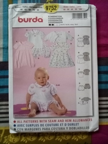 Burda Sewing Pattern 9752 Baby Boys Girls Pants Tops Dress Size 1M-12M ...