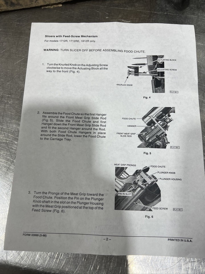 Hobart Food Chute 00-873604 Fits Slicers 1612, 1712, 1812,1912, Ect ...