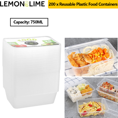 200x Takeaway Food Containers Plastic Lids Rectangular Meal Prep Lunch ...