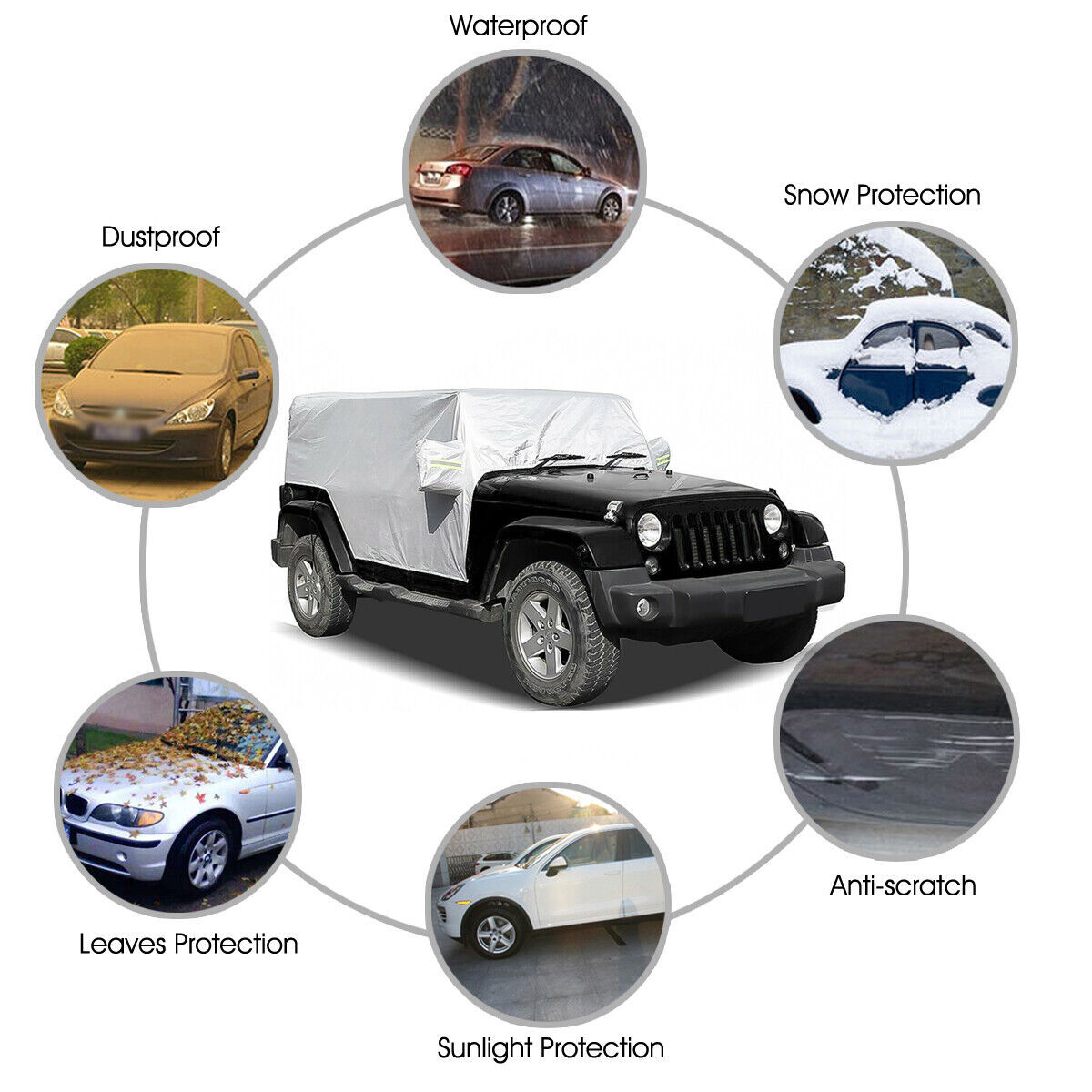 Sliver Car Half Cover Waterproof UV Protection For Jeep Wrangler JK JL ...