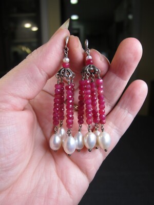 Wow! Gorgeous vintage sterling silver, pearl, real ruby beaded dangle ...