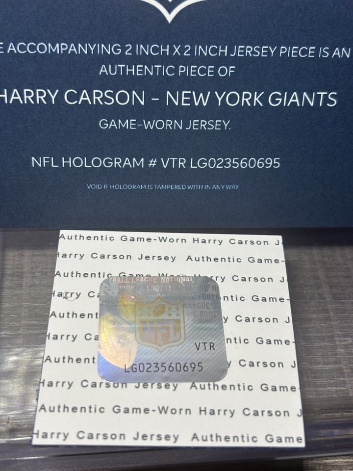 HARRY CARSON GAME USED WORN PATCH NFL COA HOLOGRAM NEW YORK GIANTS HOF ...