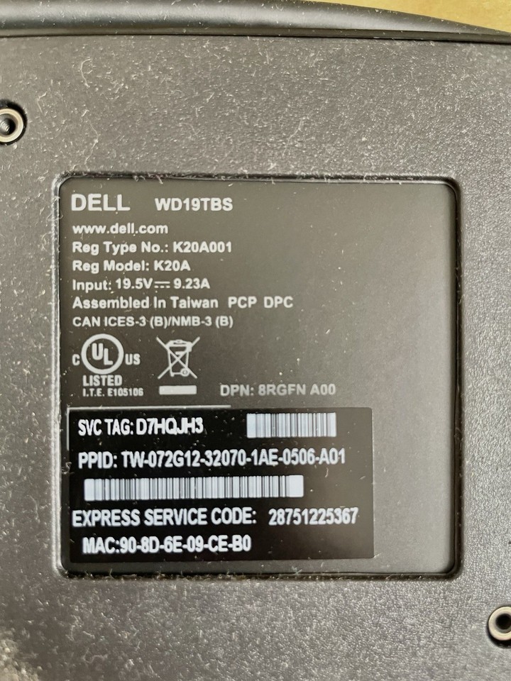 Dell WD19TBS Thunderbolt 3 USB-C DisplayPort Docking Station 180w Power ...