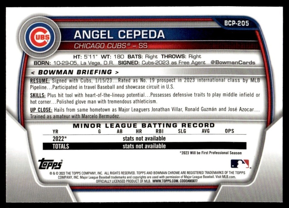 2023 Bowman Chrome Prospects Angel Cepeda G102 #BCP-205 | eBay