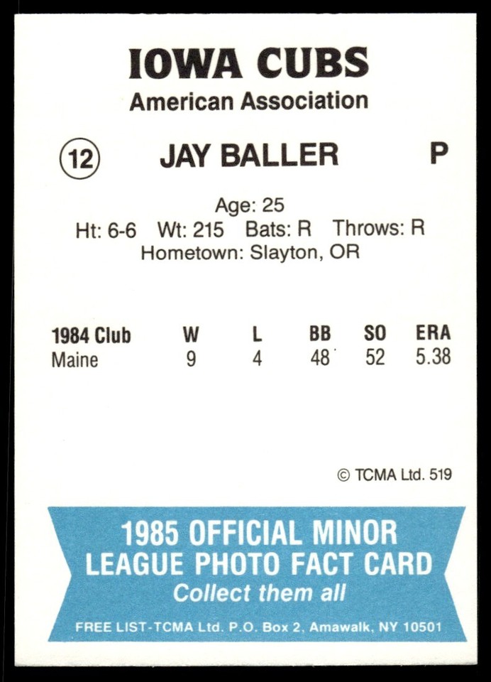 1985 TCMA Iowa Cubs Jay Baller Iowa Cubs #12 | eBay
