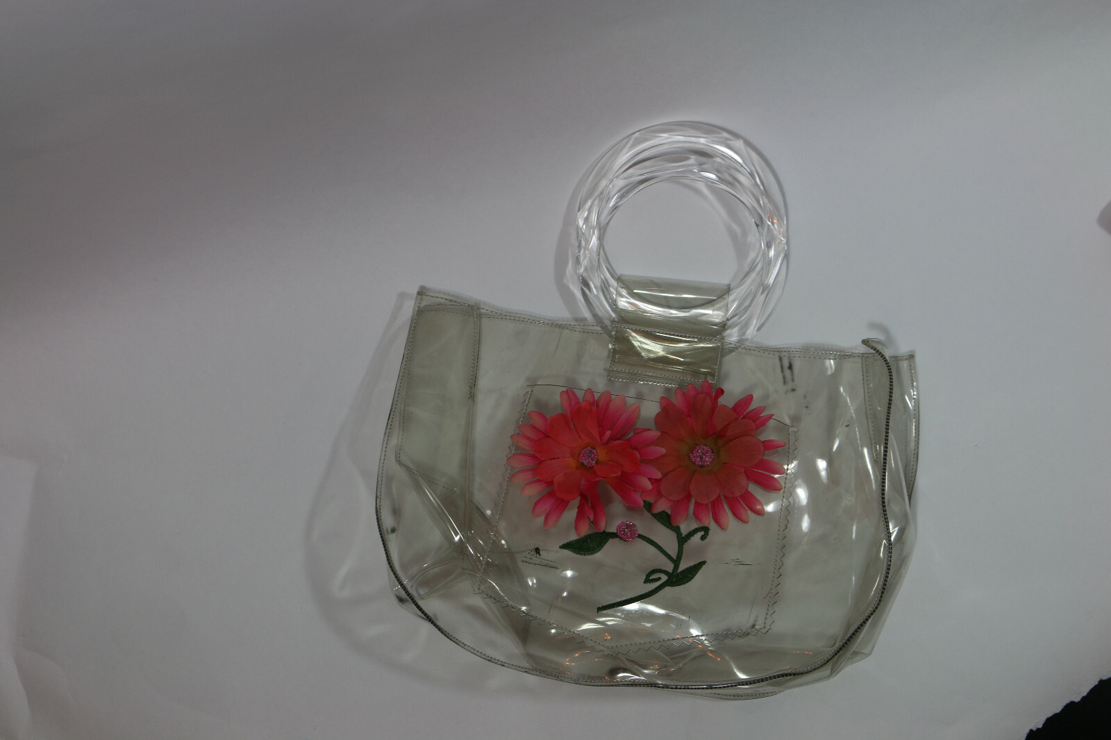 BEBE Clear Purse Tote Pink Plastic Bag Transparent Flower Embroidery ...