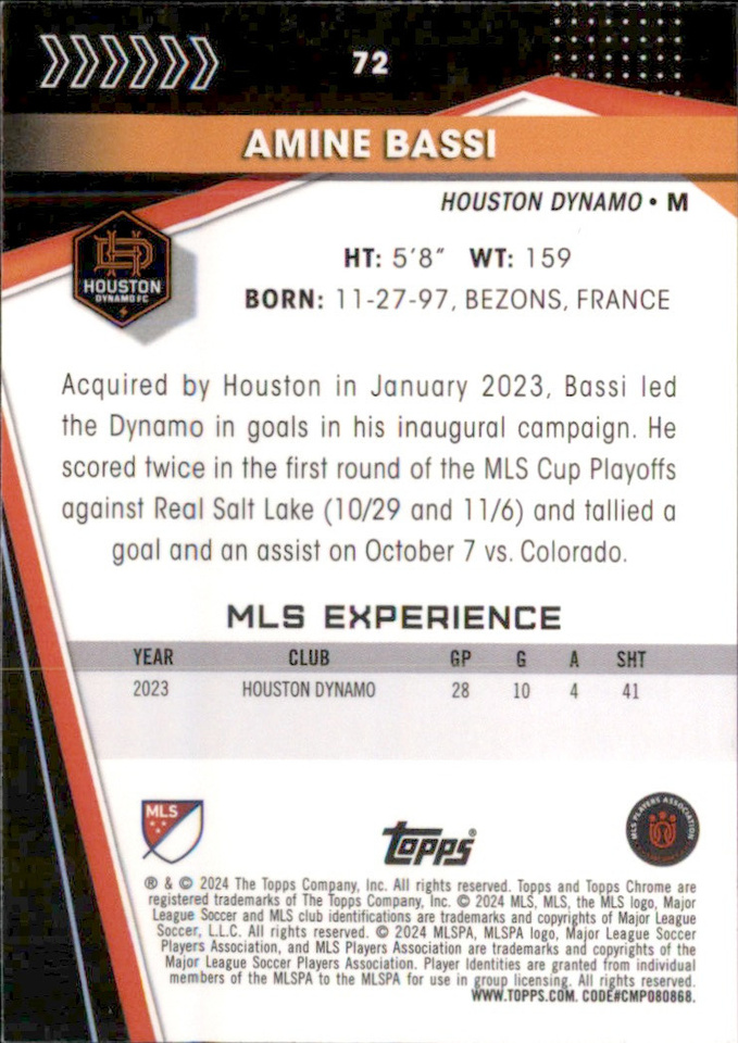 Amine Bassi - Houston Dynamo 2024 Topps Chrome MLS #72 | eBay