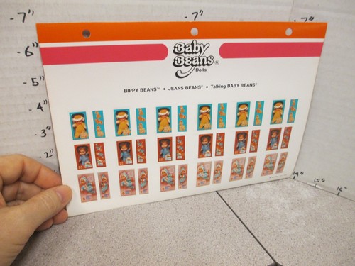 MATTEL 1975 toy store display sticker sheet BABY BEANS doll Bippy Jeans ...