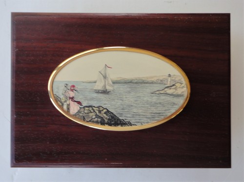 Vtg Wood Trinket Jewelry Box Oval Brass Faux Scrimshaw Coast Lighthouse ...