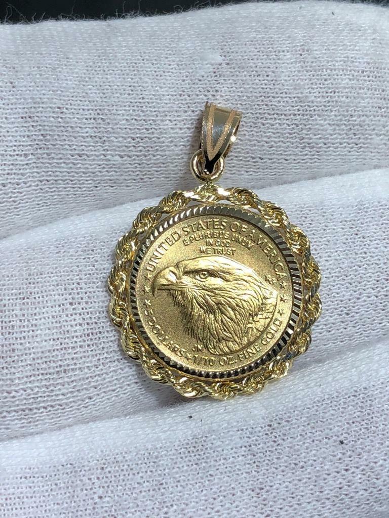 24k Yellow Gold Eagle Standing Liberty 1/10 oz .999 Fine Gold Coin Rope ...