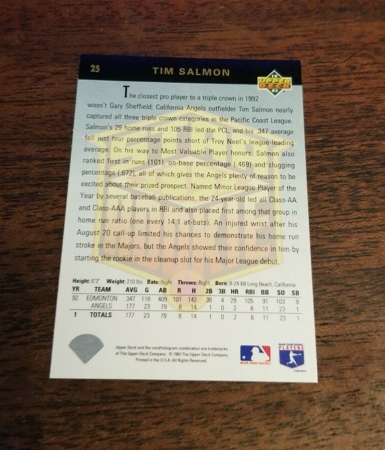1992 Upper Deck Baseball Card #25 Star Rookie Tim Salmon | eBay