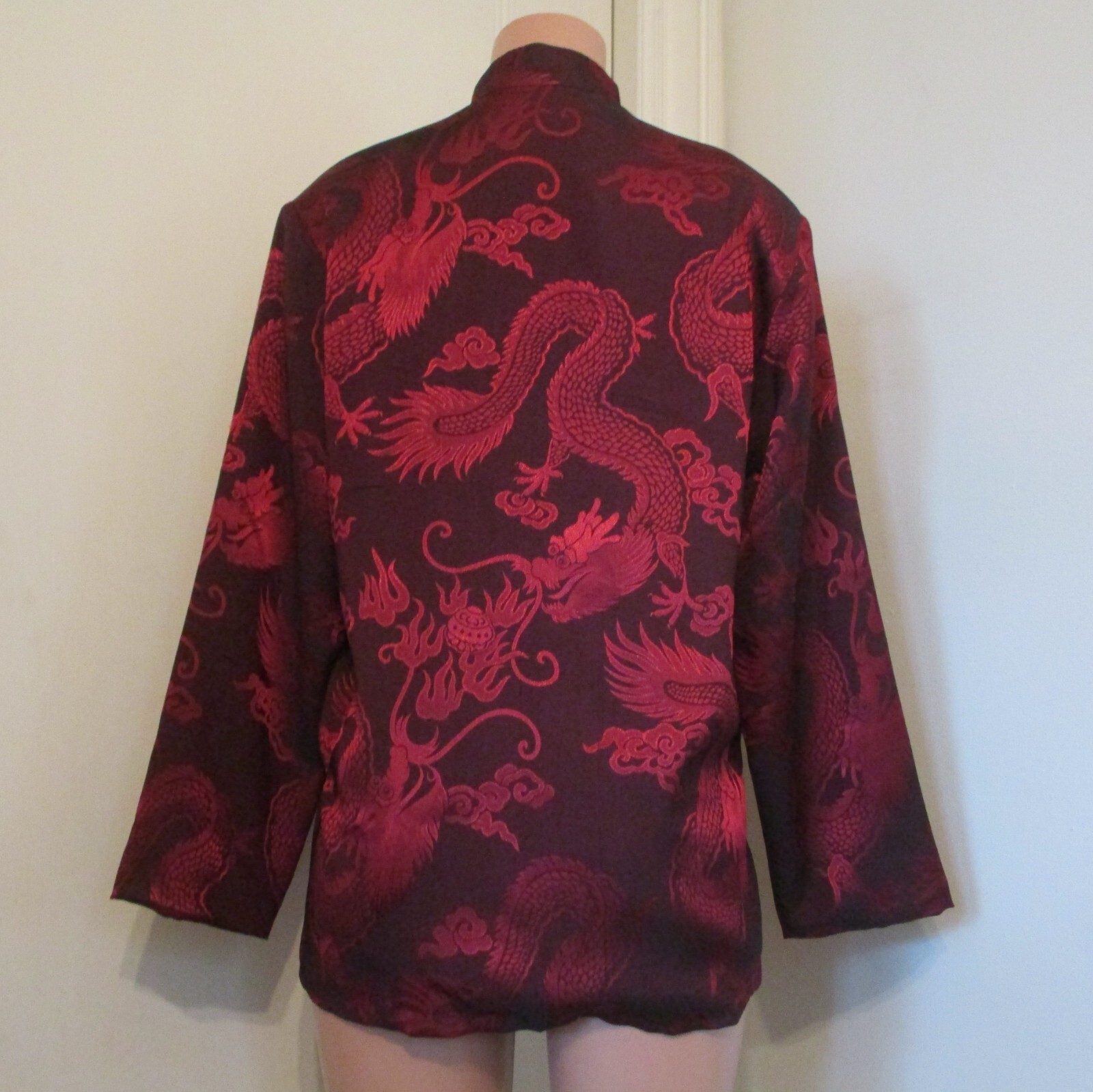 PANDA 100% SILK VTG. BURGUNDY JACQUARD DRAGON LIGHTWEIGHT ASIAN THEME ...